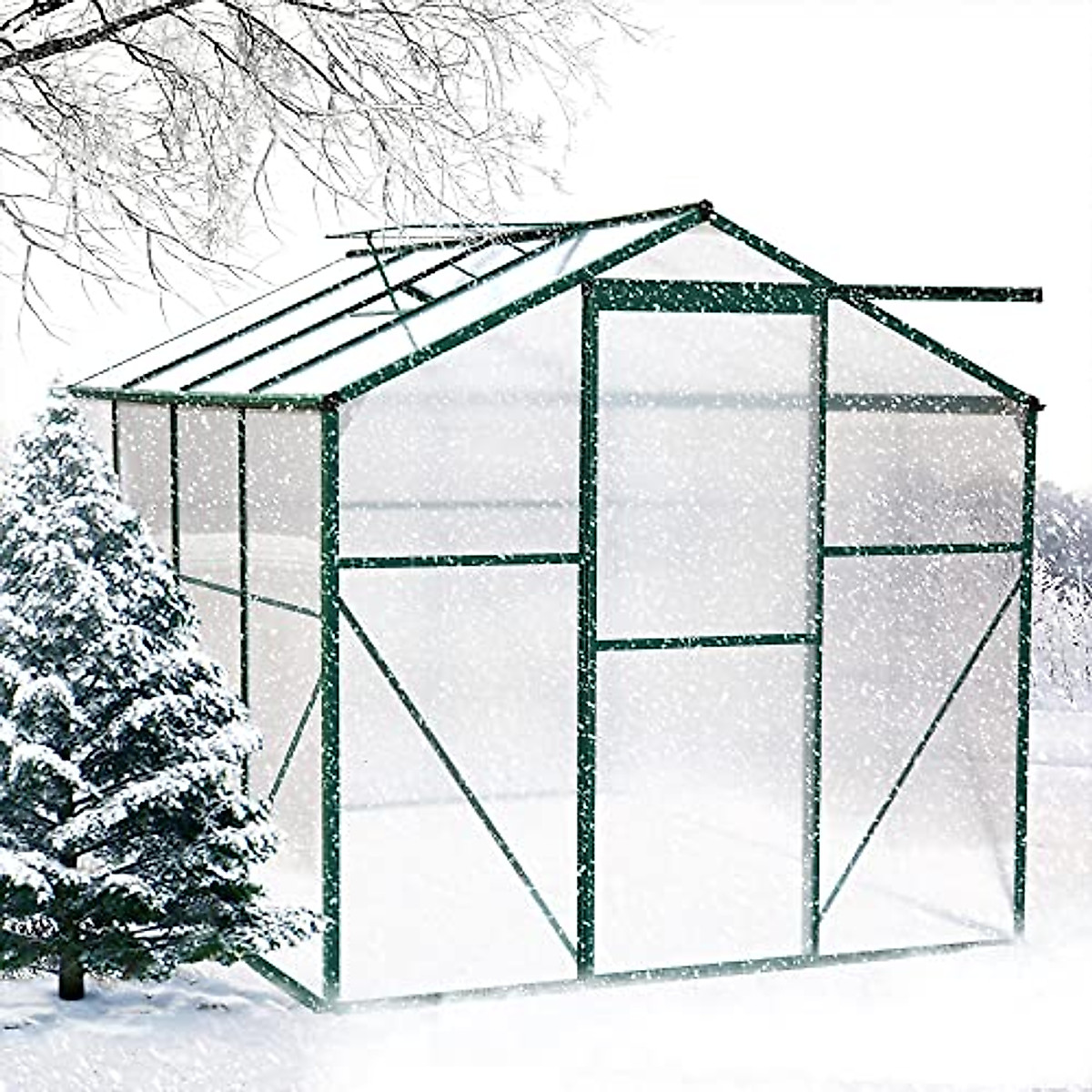 KELRIA 6x8 FT Hybrid Polycarbonate Greenhouse with Lockable Hinged Door, Sliding Door and 2 Vent Window, Walk-in Hobby Greenhouse Aluminum Hot House for Outdoor Garden Backyard, Green