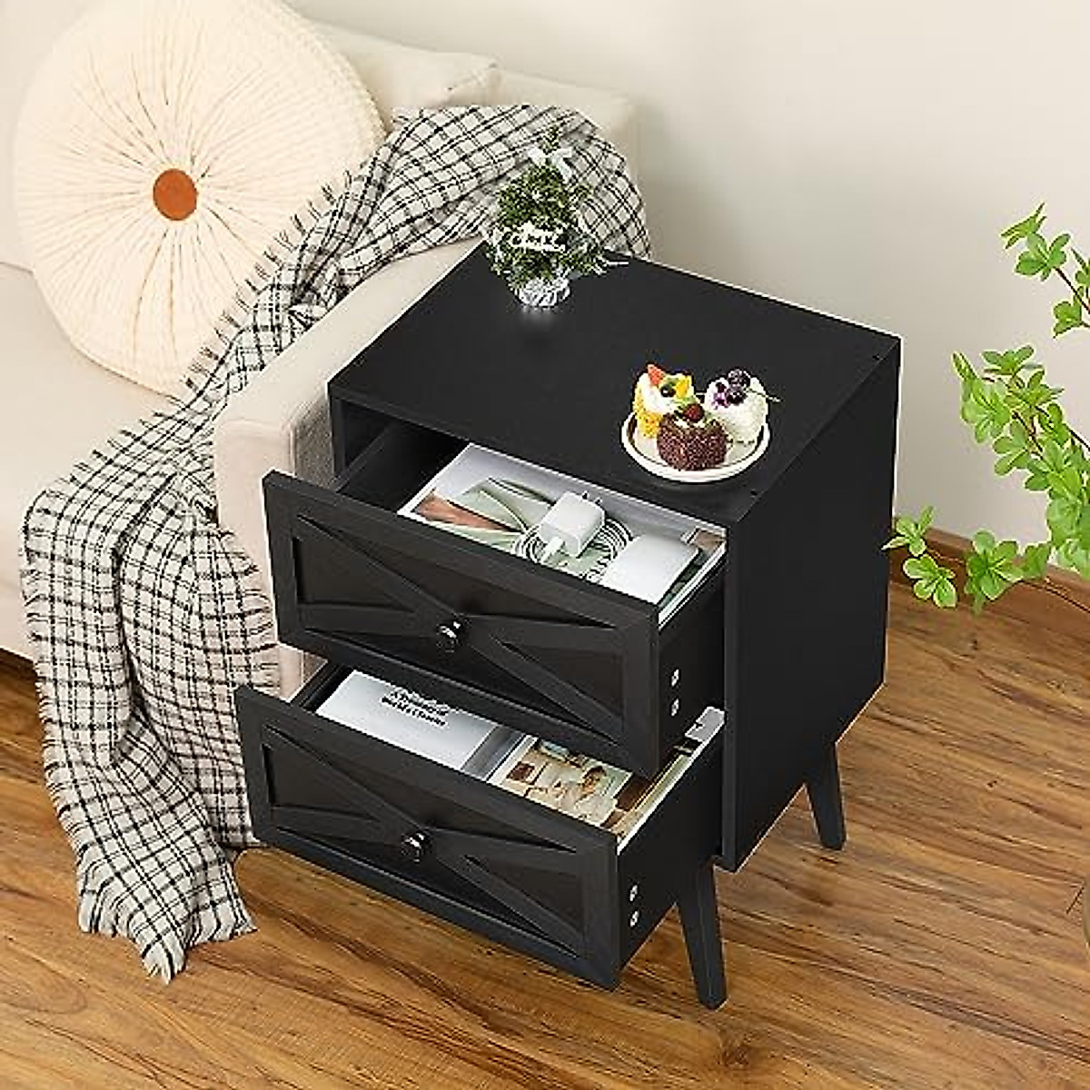 Lerliuo Black Nightstand, Bed Side Table with 2 Drawers Barn Door, Solid Wooden Legs Night Stand, Mid Century Modern End Table Storage Wood Cabinet Dresser for Bedroom, Living Room, Dorm