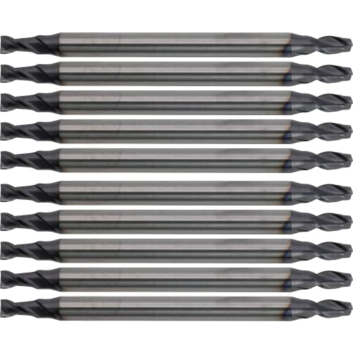 10 pcs Solid Carbide End Mills, Square Nose, Double End, TiAlN Coated, 3/32" Mill Diameter, 3/16" Length of Cut, 1-1/2" Overall Length, 2 Flute, Center Cutting