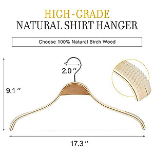 TOPIA HANGER Slim Natural Wood Hangers with Extra Soft Non-Slip Rubber Grips, 10-Pack High-Grade Fashion Hanger No Shoulder Bump for Sweater, Camisole, Jacket, Dress, Coat -CT15N