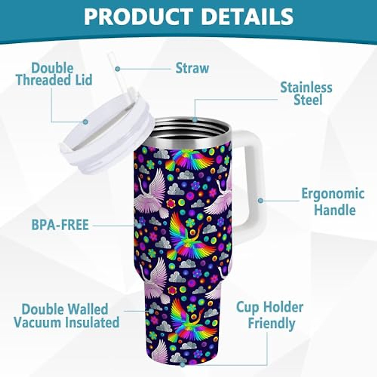 Emelivor Colorful Birds Cloud 40 oz Tumbler with Lid and Straw Insulated Tumblers with Handle Large Travel Coffee Mug Stainless Water Cup Fits in Car Cup Holder