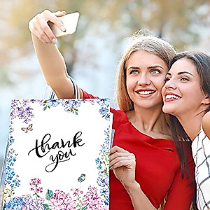 Thinkday 30 Pieces Thank You Paper Bags With Handles Floral Shopping Bags Party Favor Bags for Business Boutique Wedding Birthday Baby Shower Party Favors, 10 x 8 x 4 Inch