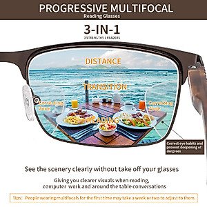 Kafirlo Progressive Multifocal Reading Glasses Men No Line Multifocus Transition Blue Light Blocking Computer Reader Multi Focus Metal Full Wide Frame Spring Hinge Designer Magnifying Eyeglasses 1.25