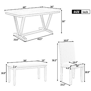 Merax Modern Style 6-Person Dining Table Set with 4 Chairs & a Bench, Marbled Veneers Tabletop and V-Shaped Legs, White
