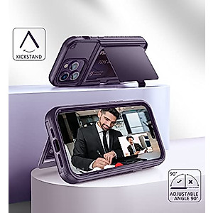 WeLoveCase iPhone 14 Pro Case for Women, Men Defender Credit Card Holder Cover with Hidden Mirror, Three Layer Shockproof Heavy Duty Protection Case for iPhone 14 Pro 6.1'' Deep Purple