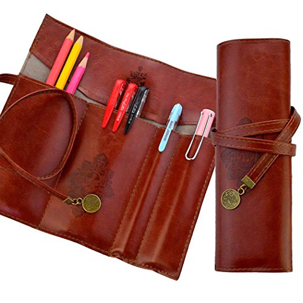 Miayon Twilight Retro Bandage Synthetic Leather Pen Bag Pencil Case Makeup Pouch,Vintage Style Rollup Pencil Case, Pencil Bag(Dark Brown)