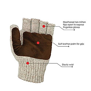 Illinois Glove Company 360L Rag Wool Glomitt Flip Mitten 3M Thinsulate Lined Soft Leather Grip Palm L Tan, Soft Leather Palm for Grip, Elastic Wrist, Mitten Flips Open to Expose Fingerless Gloves
