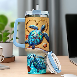 99WHALE Tumbler 40 Oz With Handle Lid And Straw, Summer Myrtle Navy Beach For Tumblers Royal Women Insulated Blue Handle, Sea Turtle Seashells Inspiration, Sea Turtle Gifts