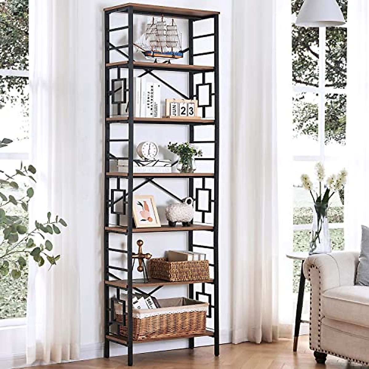 HOMISSUE Bookcase,7-Tier Tall Bookshelf Metal Bookcase and Bookshelves, Free Standing Storage Modern Bookshelf for Home Office Living Room and Bedroom, Rustic Brown