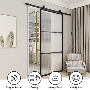 JUBEST Glass Barn Door 42in x 84in, Reeded Glass Carbon Steel Pre-Drilled Frame Sliding Barn Door Panel with 7FT Hardware Kit and Soft Close