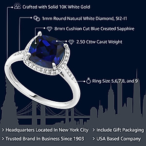 Gem Stone King 10K White Gold Cushion Cut 8MM Birthstone and Accent Diamonds Halo Engagement Ring For Women|Wedding Anniversary Promise Available In Size 5, 6, 7, 8, 9 (Created Sapphire, September,8)