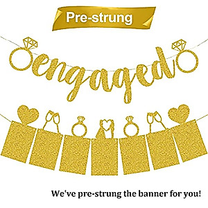 Engagement Party Decorations Gold - Extra-Large Engaged Banner and Photo Banner with Romantic Memories Picture Card Frames for Bridal Shower Sign & Bachelorette Party Favors, Engagement Banner Decor