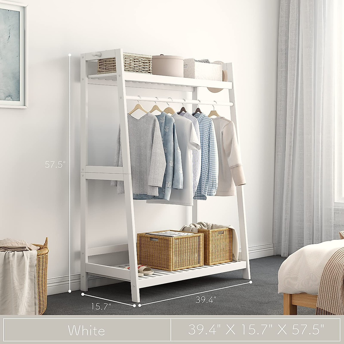 IOTXY Open Wood Garment Rack - White Solid Wood Freestanding Clothing Rack with Storage Shelves and Rod for Hanging Clothes, Large Wide Open Shelving Wardrobe and Closet Organizer for Bedroom, 39.4"W