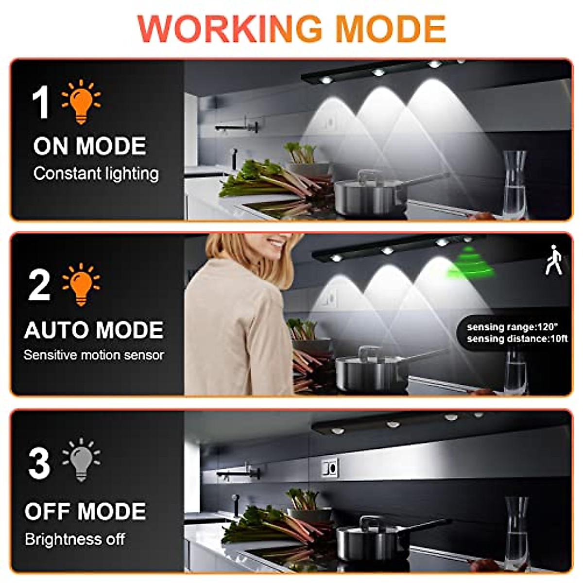Bestendony Under Cabinet Lights Wireless, Rechargeable Motion Sensor Cabinet Lights, 3 Colors Dimmable Under Cabinet Lighting Lights for Kitchen, Closet,Bars,Pantry,Home Life - 2 Pack