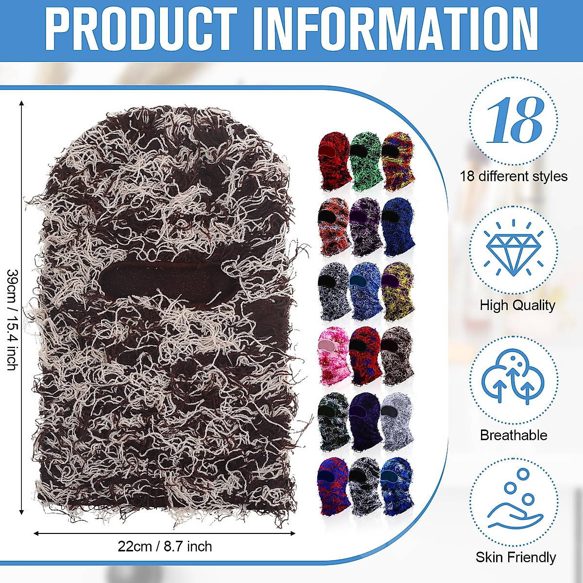 ramede 18 Pieces Distressed Balaclava Bulk Full Face Knitted Balaclava Ski Mask Windproof Mask for Men Women Cold Weather (Mixed Colors)