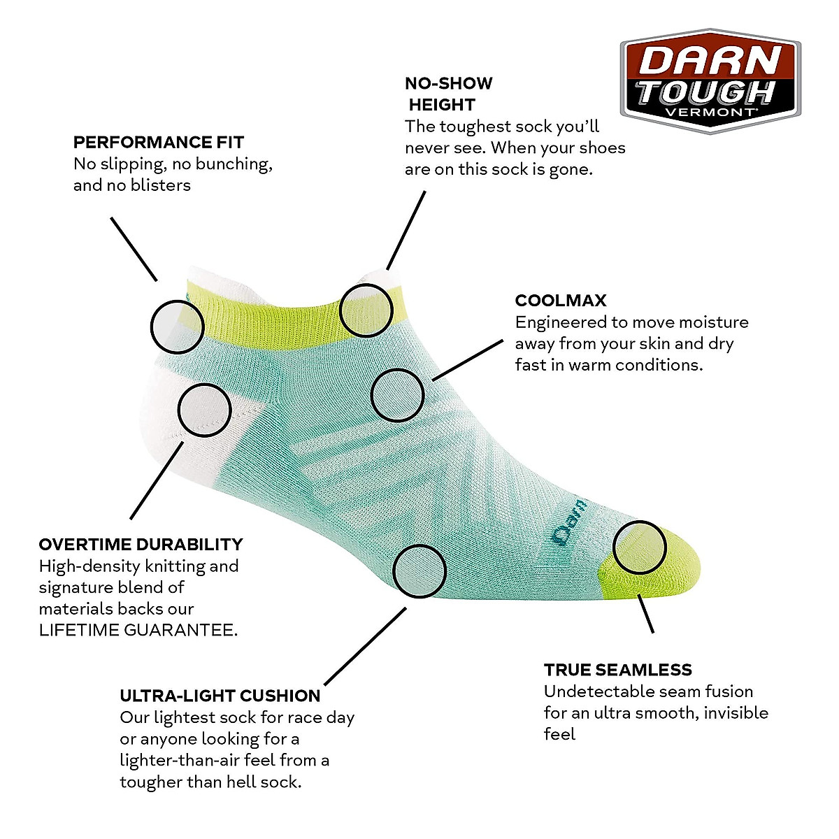 Darn Tough Women's No Show Tab Ultra-Lightweight Running Sock (Style 1052) - Aqua, Medium