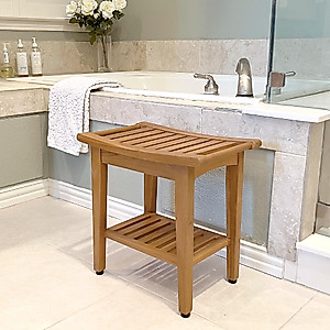 Spateak Kasa Solid Teak Indoor Outdoor Shower/Bath/Spa Stool Bench with Bottom Shelf, Fully Assembled, DB-916