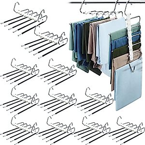 12 Pieces Pants Metal Hangers Organizer Space Saving 5 Layers Stainless Steel Pants Rack Non Slip Clothes Hanger Closet Organizer with Hooks for Trousers Scarf Jeans Skirts