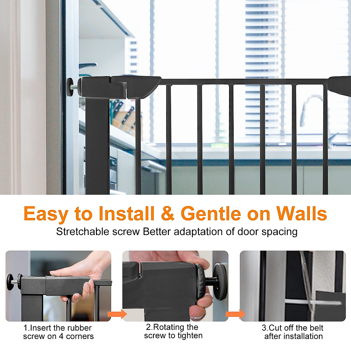 KBYTDREAM 29.5 to 40.5" Extra Wide Walk Through Pet Gate, Auto Close Safety Baby Gate, Metal Durability Dog Gate for House, Stairs, Doorways, Includes 2 Extension Kit, Black