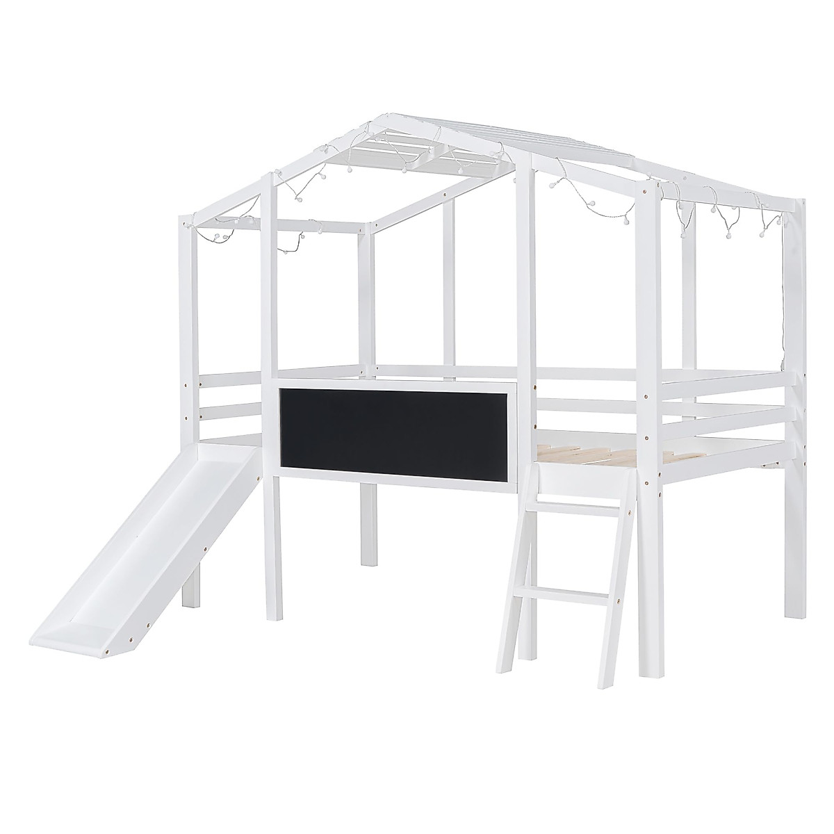 BestLM Twin Size Loft Bed with Slide and Ladder for Kids, Wood Platform Bed House Bed Frame with Blackboard and Sparkling Light Strip on The Roof for Bedroom, No Box Spring Required, White