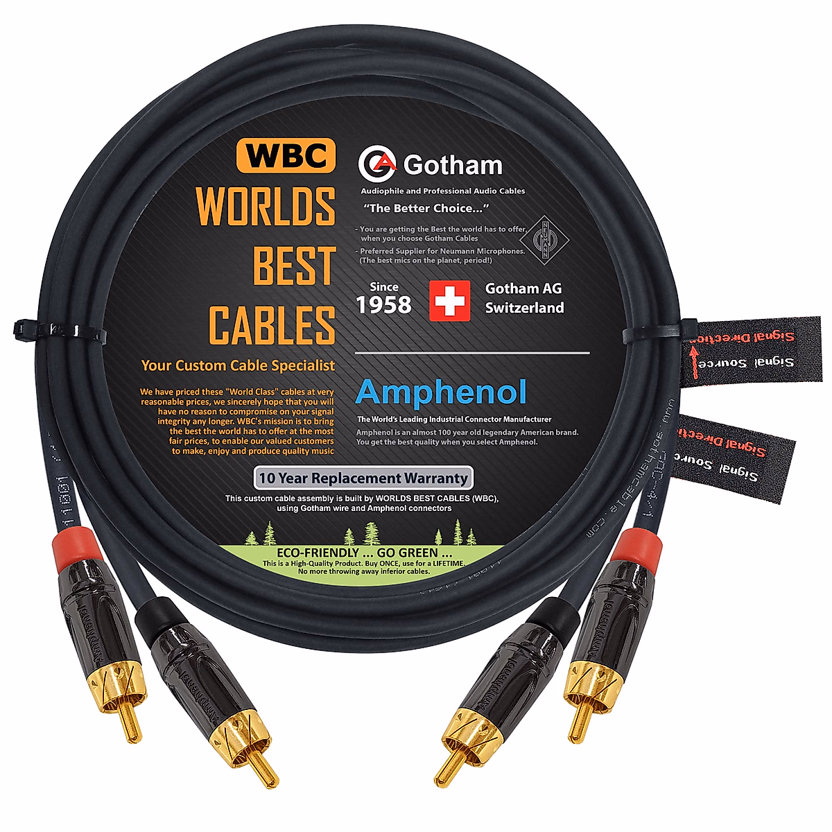 15 Foot RCA Cable Pair - Gotham GAC-4/1 (Black) Star-Quad Audio Interconnect Cable with Amphenol ACPL Black Chrome Body, Gold Plated RCA Connectors - Directional