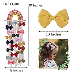 Boho Macrame Bow Holder & 20 Colors Linen Pigtail Bows | Wall Hanging Hair Clip Headband Rainbow Hanger Organizer Piggy Pig Tails Barrettes (Rainbow A)