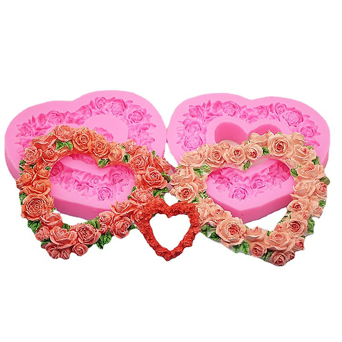 Shan-S Valentine Silicone Molds,3D Heart Rose Chocolate Molds,Fondant Mold Embossed Love Garland Mould, Heart Wreath Mould,DIY Cake Decoration Mousse Cheesecake Desserts Model Baking Pastry Tool,Pink