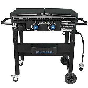 Razor Griddle Portable 2-Burner 30,000 BTU Gas Flattop Grill & Griddle Combo Cart with Foldable Side Shelves, Paper Towel and Condiment Holder, Black
