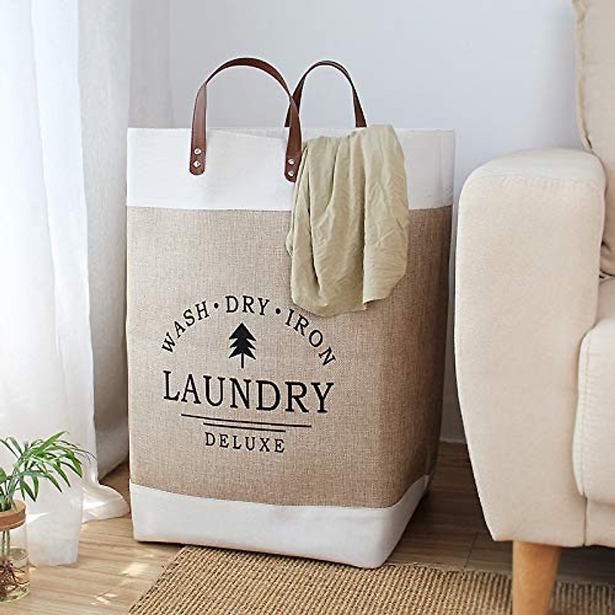 MILILOVE 2PCS Cotton Linen Laundry Hamper, 22*16*10" Large Collapsible Laundry Baskets, Leather Handle, Foldable Dirty Clothes Underwear Portable Skinny Hamper, Toys Organizer Storage Bins Washing Bin