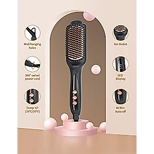 Hair Straightener Brush Heated Straightening Brush: Negative Ion Hot Hair Brush for Smooth Frizz-Free Women Hair - Ceramic Flat Iron Brush - Dual Voltage Anti-Scald Fast Heating