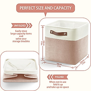 Patvingot Collapsible Fabric Cube Storage Bins 11x11×11, Pack of 6 Closet Basket Boxes with PU Handles for Organizing Shelves, Toys, Clothes, Home, Office,Laundry,Office(White&Pink)