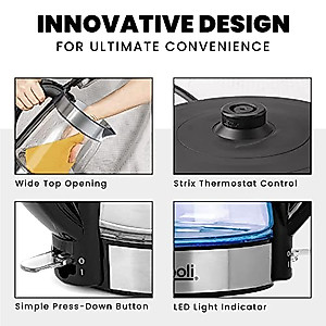 Zeppoli Electric Kettle - Glass Tea Kettle & Hot Water Boiler/Heater-Auto Shutoff (1.7L) & Boil-Dry Protection-Electric Tea Kettle Cordless & Portable with LED Indicator-Stainless Steel Lid & Bottom