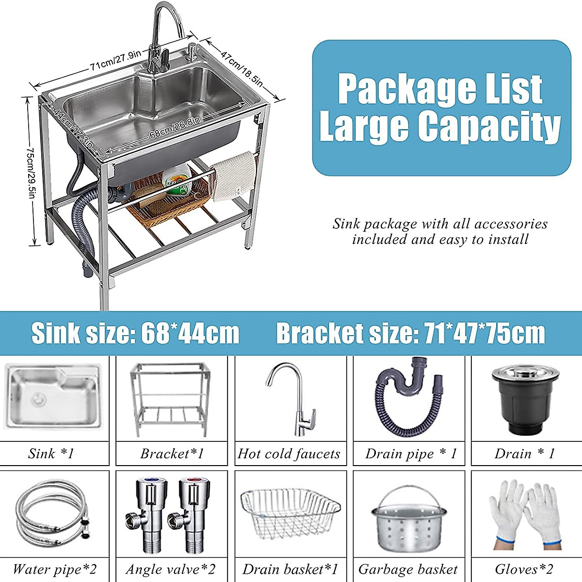 Utility Sink Stainless Steel Commercial Kitchen Sink 1 Compartment Free Standing Sink Unit with Cold and Hot Faucet for Outdoor Laundry Room Bar Restaurant Catering 27"