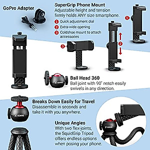 Xenvo SquidGrip Flexible Cell Phone Tripod and Portable Action Camera Holder - Compatible with iPhone, GoPro, Android, Samsung, Google Pixel and All Mobile Phones