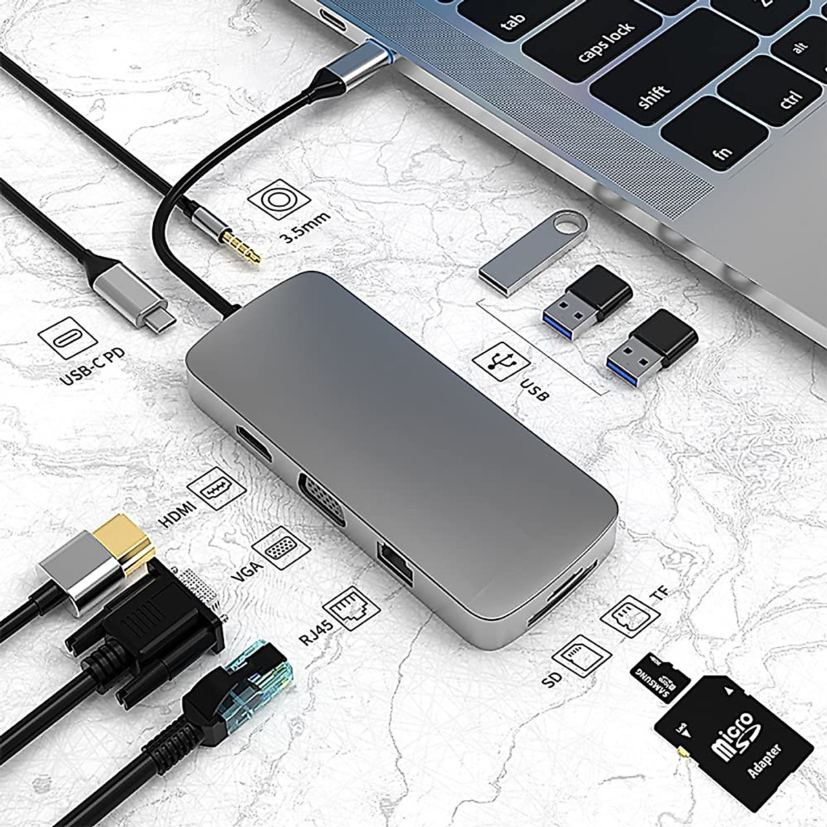 Port Expander USB C Hub 10 in 1 USB-C Splitter Hub with Ethernet, HDMI, VGA, 2 USB 3.0, USB 2.0, SD/TF Card Reader, 3.5mm Audio, USB-C PD USB Splitter