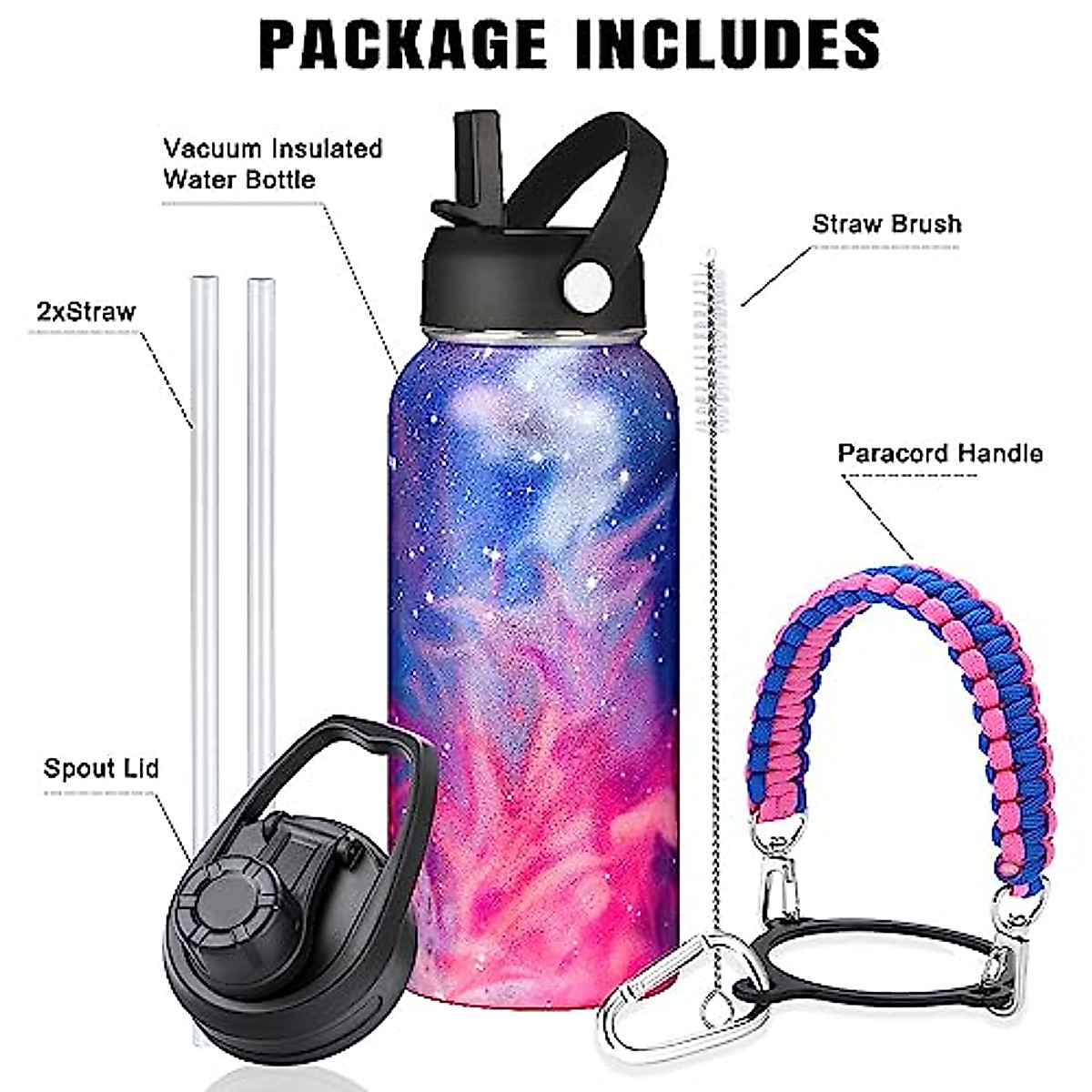 WEREWOLVES Personalized Insulated Water Bottle with Paracord Handle Straw Lid & Spout Lid, Vacuum Stainless Steel Wide Mouth Water Bottle for Adults 24 oz, 32 oz, 40 oz