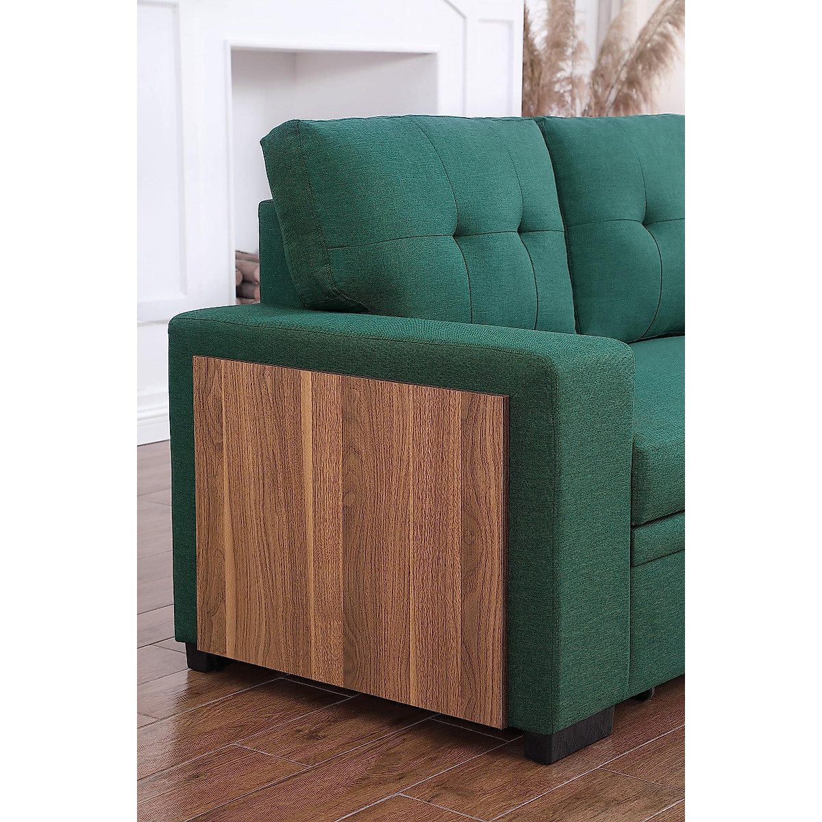 Acosure 92" L-Shape Sectional Pull Out Sofa Bed with Storage Chaise,Sleeper Couch W/USB & Cup Holder,Built-in Wood Shelf Armrest,3 Seat Linen Convertible Sofas for Living Room Office Flats,Green