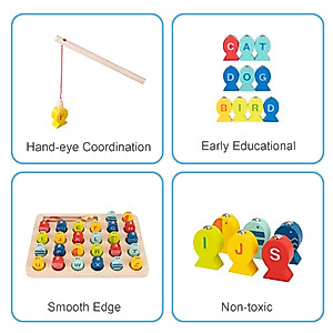 TOOKYLAND Wooden Magnetic Fishing Game - 29pcs - Alphabet and Spelling Educational Sorting Toy for Kids 3 Years Old +