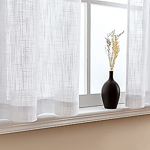 XTMYI White Kitchen Curtains 24 Inch Length Set of 2 Panels Cafe Curtain Tiers Linen Textured Semi Sheer Boho Farmhouse Short Curtains for Small Bathroom Basement Window RV Camper