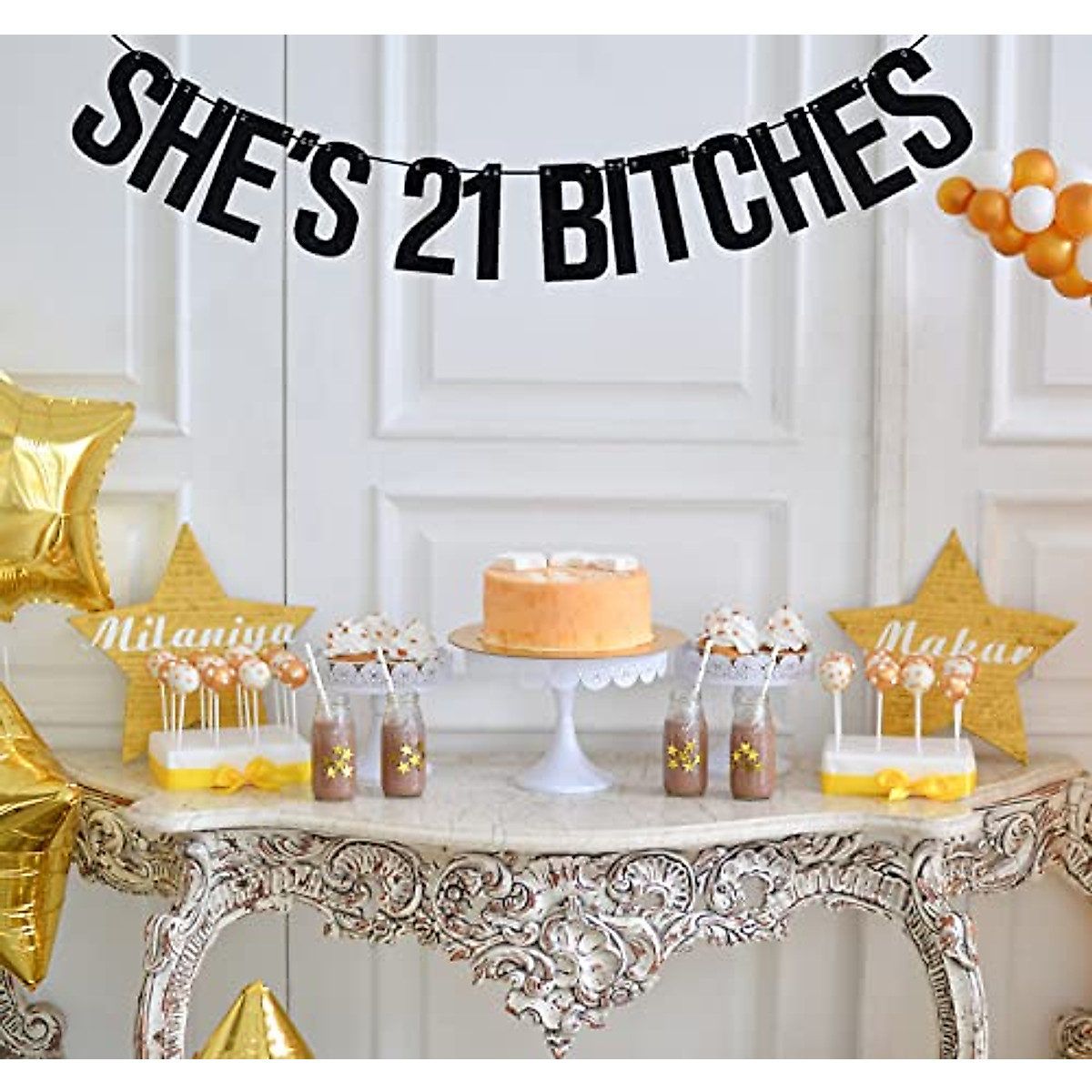 She's 21 Bitches Banner, Girls 21st Birthday Party Decorations, Cheers to 21 Years, 21st Birthday Decorations for Women Black Glitter