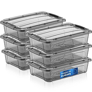 Tribello Small Storage Container Bin With Lids, Plastic Storage Container With Latching Lids For Organizing - Tinted - (11.5’ x 8” x 3”) 3 Quart - Set of 6 - Made in EU