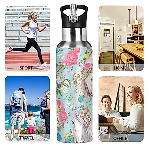 OREZI Horse And Flower Water Bottle Thermos with Straw Lid for Boys Girls,600 ml,Leakproof Stainless-Steel Sports Bottle for Women Men Teenage