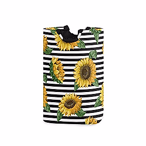 Aflyko Sunflower Black and White Stripes Laundry Basket Foldable Waterproof Laundry Hamper Large Storage Basket with Handles for Bathroom Washhouse Home Decor