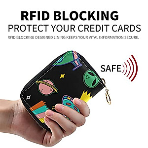 Cartoon colorful UFO aliens spaceship planet and stars on Dark Grey Credit Card Coin wallet, RFID Blocking Compact Women Leather Card Holder, Key Change Organizer, Zipper Purse Clutch Pouch