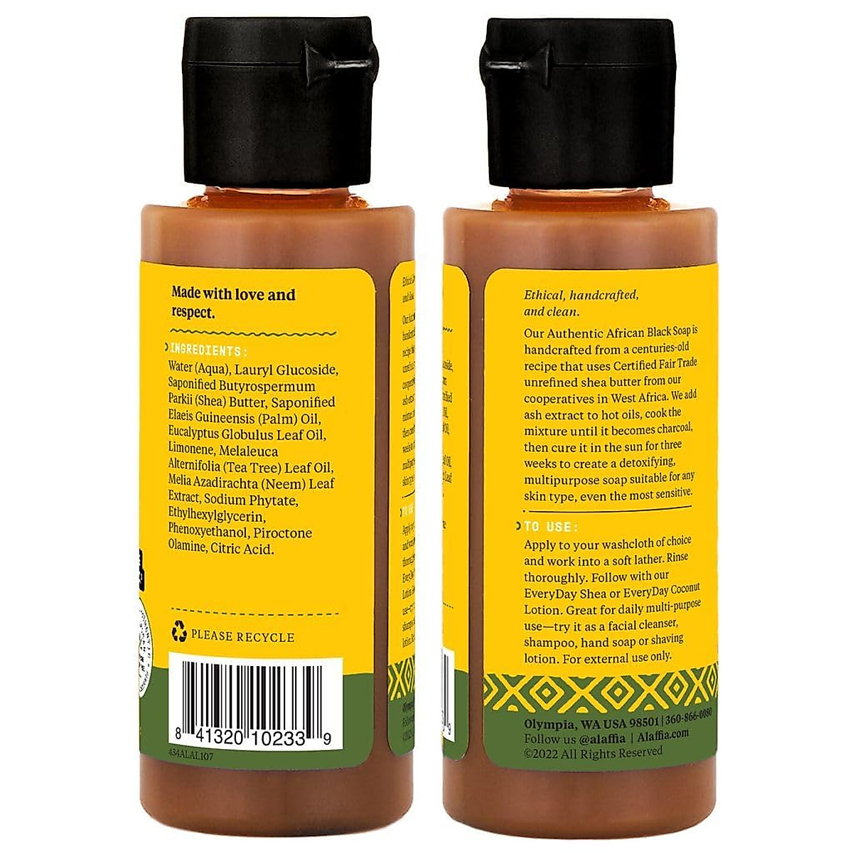 Alaffia Authentic African Black Soap Variety 2-Pack – All-In-One Liquid Soap, Travel-Size Eucalyptus Tea Tree + Full-Size Rosewater Peony Body Wash, Face Wash, Shampoo, Shaving Soap