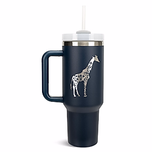 Elanze Designs Giraffe Growing Wildflower Animal Floral Motif 40 Oz. Stainless Steel Water Bottle Coffee Mug, Spill & Leak Resistant, Travel Tumbler with Handle, Lid & Straw, Navy Blue