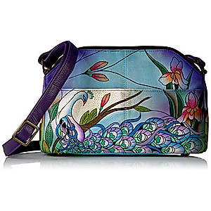 Anna by Anuschka Women's Genuine Leather Medium Multi-Compartment Crossbody | Hand Painted Original Artwork | Midnight Peacock