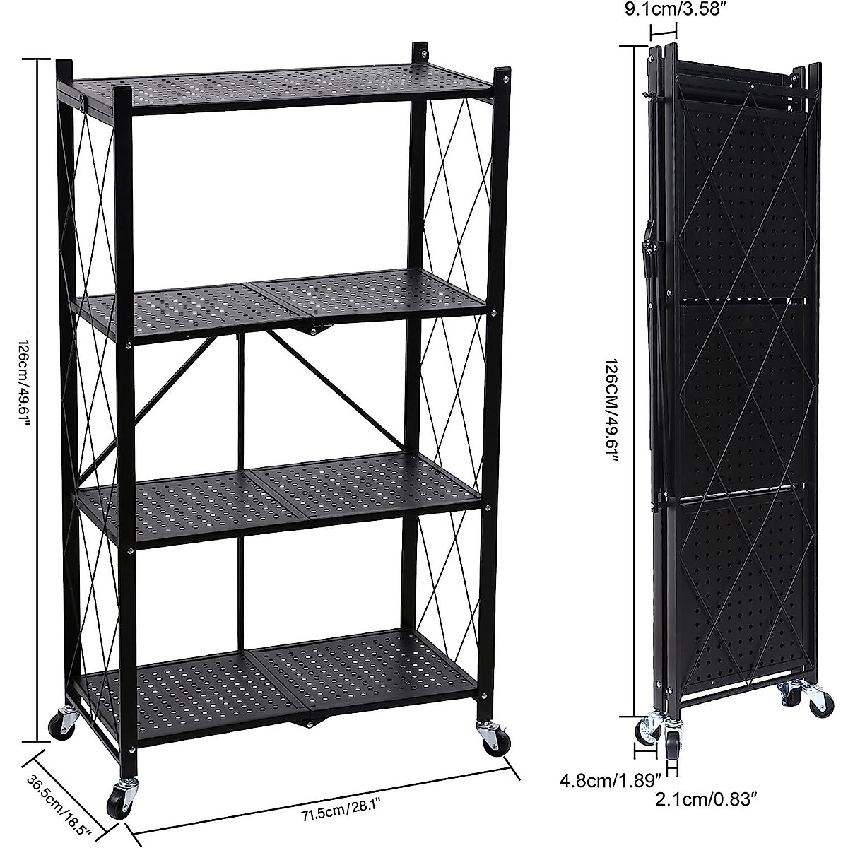 YSSOA HealSmart 4-Tier Heavy Duty Foldable Metal Rack Storage Shelving Unit with Wheels Moving Easily Organizer Shelves Great for Garage Kitchen, Black