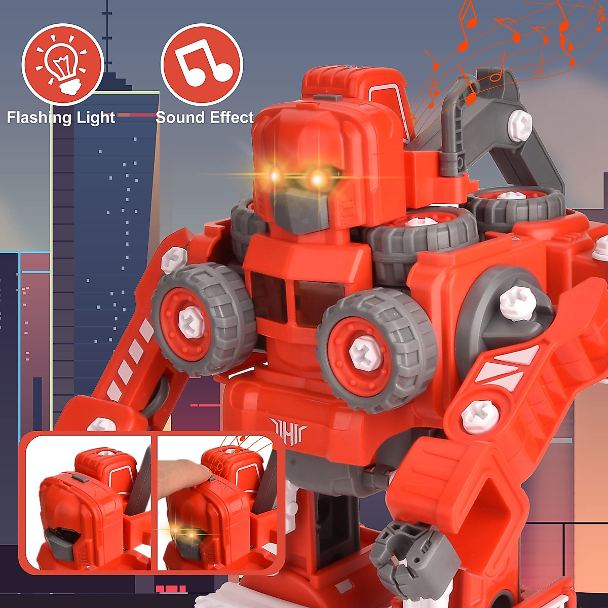 Doahurry Fire Truck Toy Take Apart Robot Transformers Toys 5 in 1 Construction Vehicle Comes with a Electric Drill, Assembly Robot Building Toy Crane Toy Kids Ages 4-12 Birthday (Red)