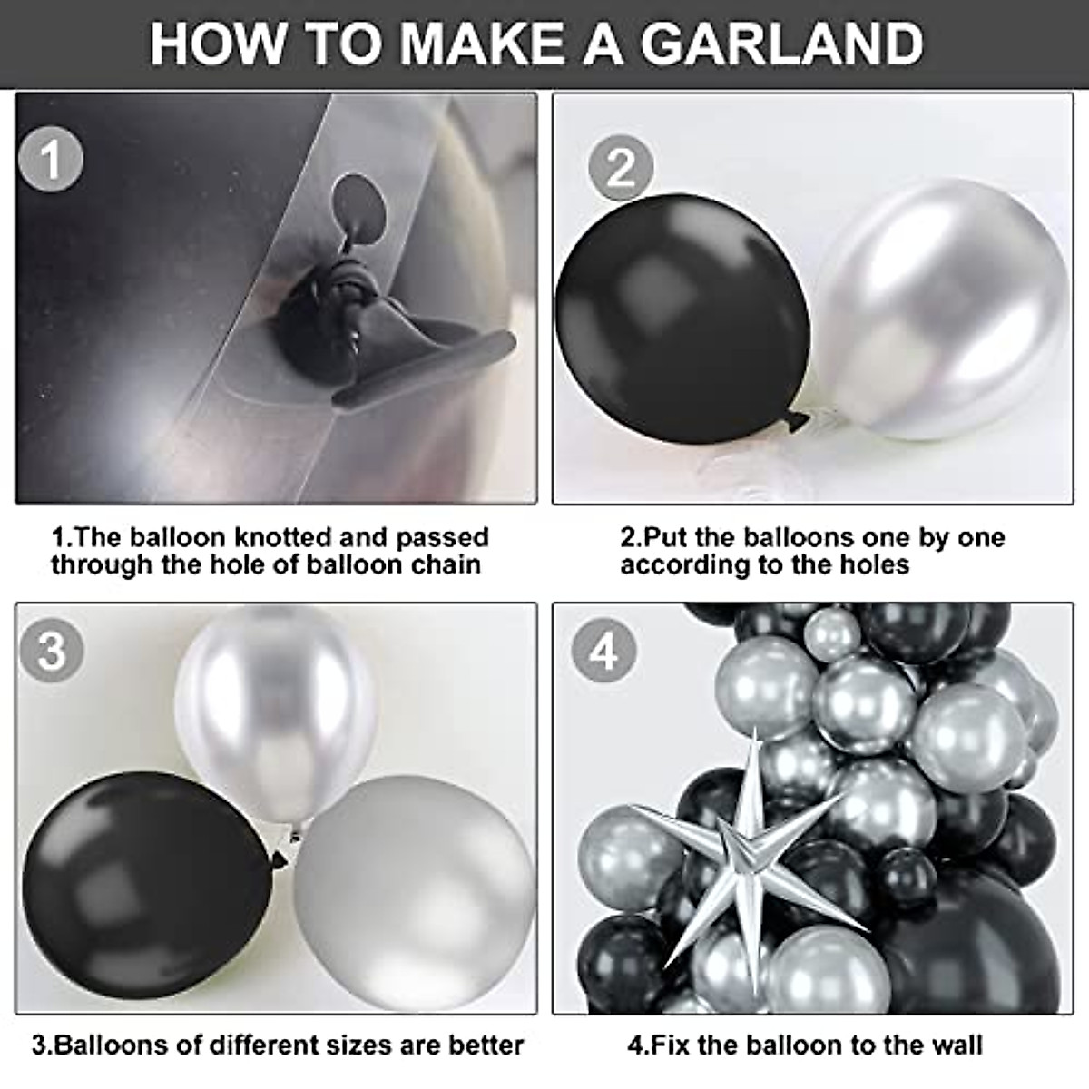 Black Silver Balloons Garland Kit, Black Silver Balloons Arch Kit With Black and Metallic Silver Latex Balloons, Black Silver Balloons Arch for Birthday Wedding Anniversary Party Supplies